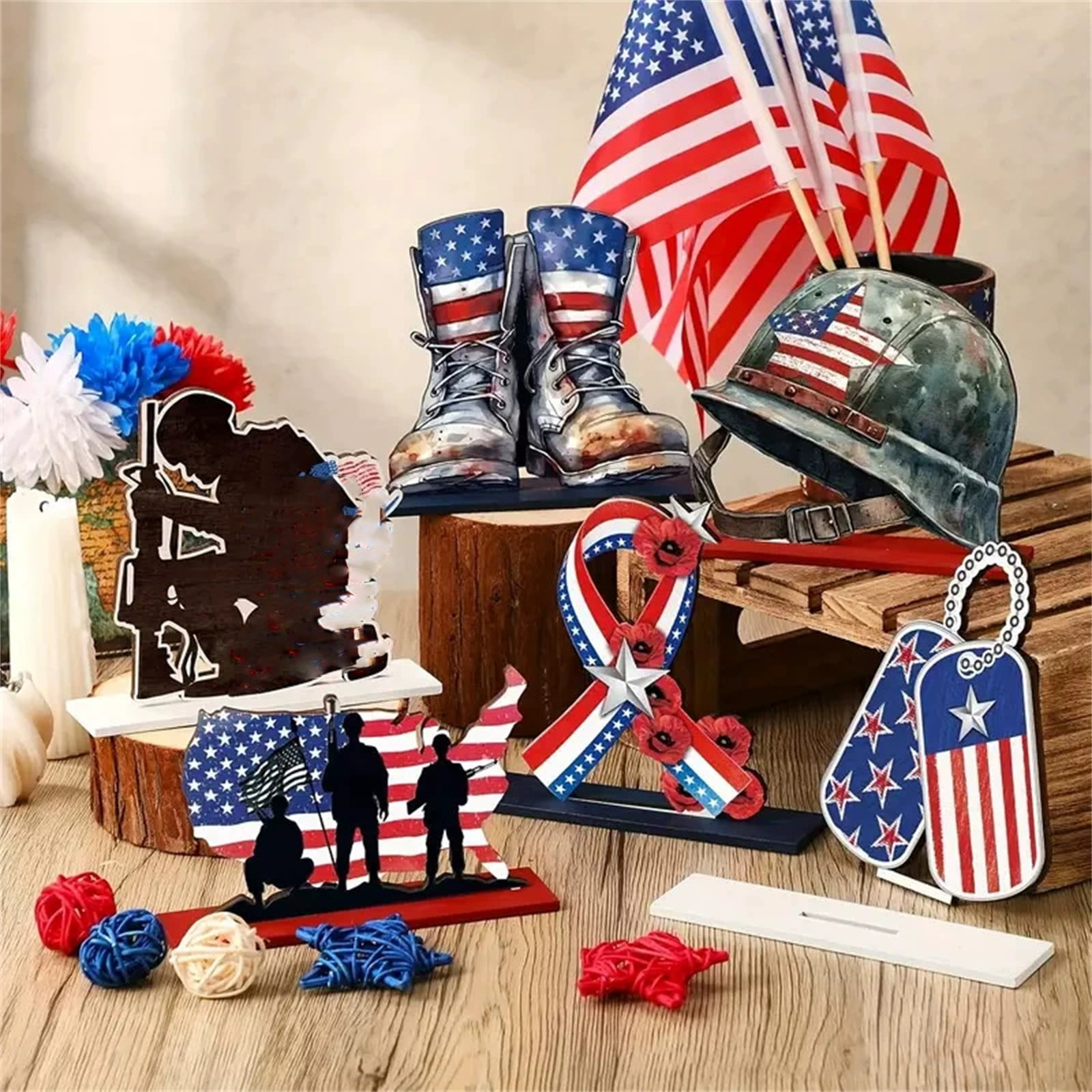 Patriotic Military Veteran Decor Set American Flag Themed Boots, Helmet ...