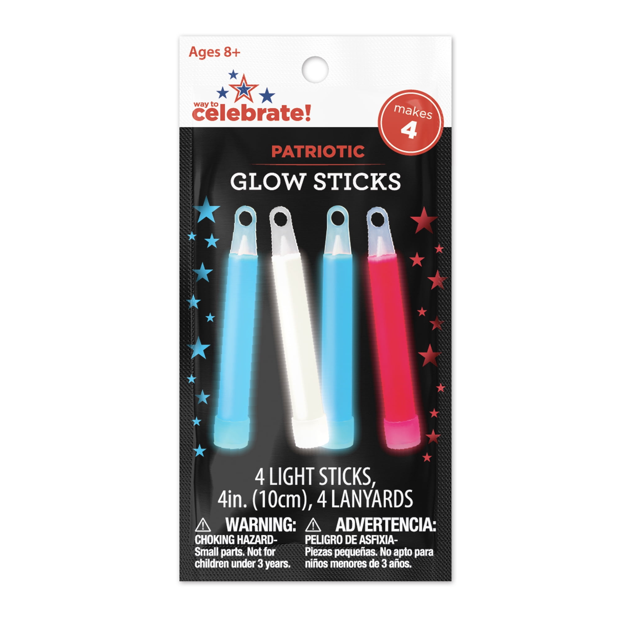 Way To Celebrate Patriotic Red White and Blue Glow Sticks 4 Pack for ...