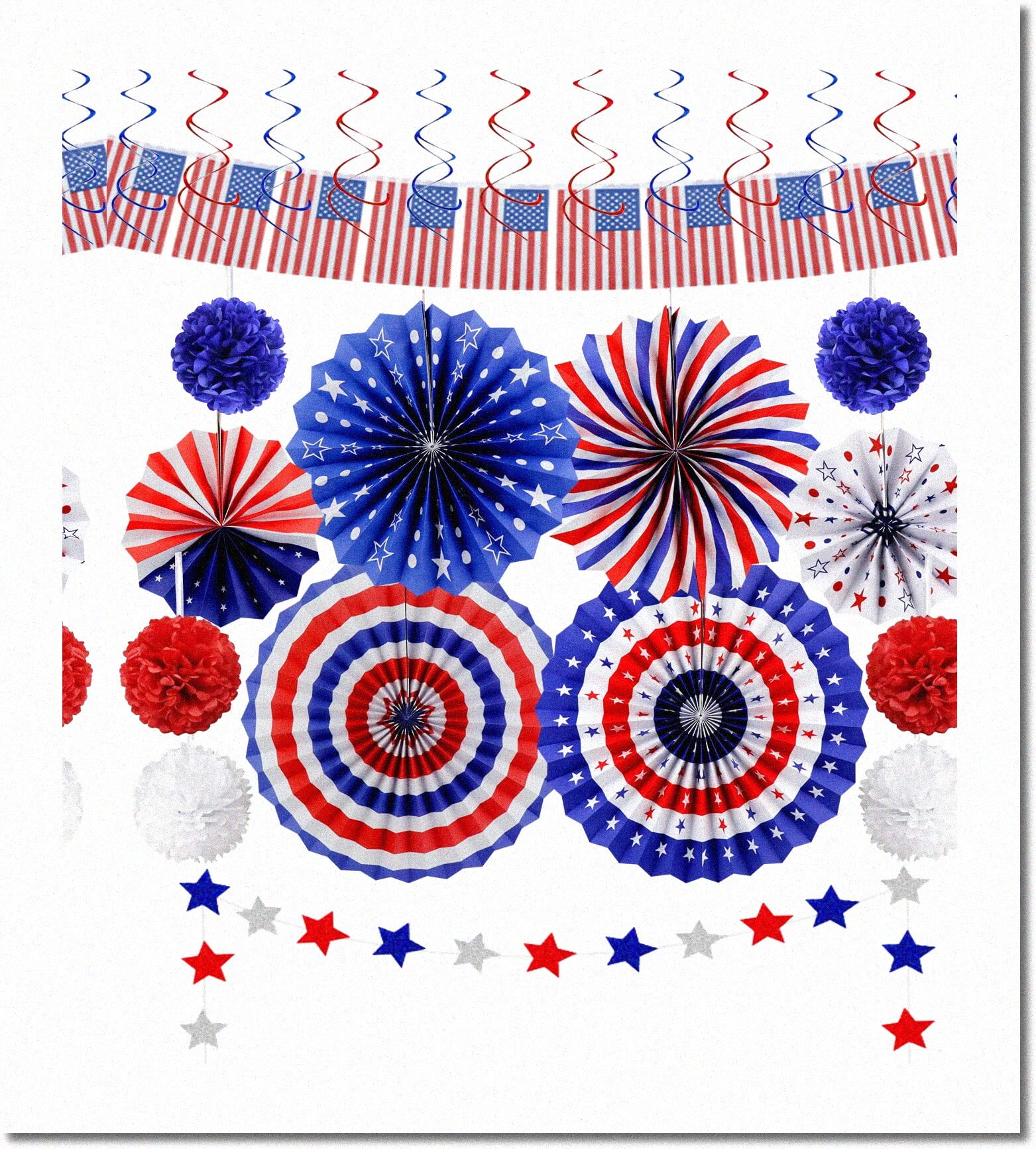 Patriotic Party Pack: USA Flag String, Red White Blue Paper Fans, Star ...