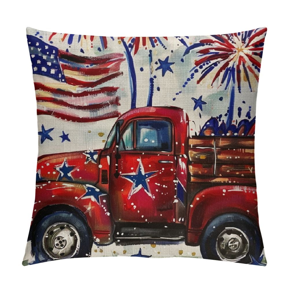 Patriotic Pillow Cover Star Truck Firework 4th of July Decor ...
