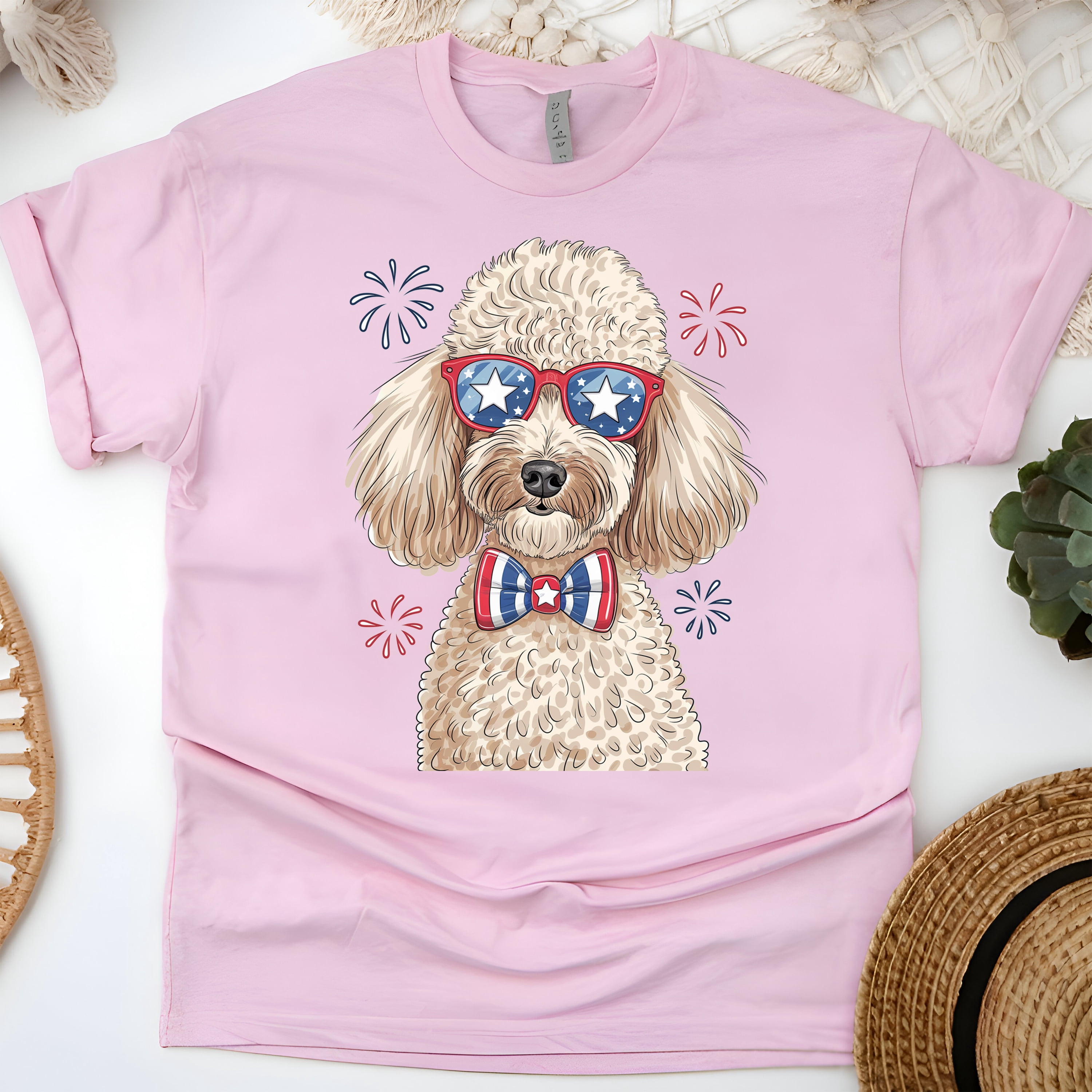 Patriotic Poodle Shirt – USA Dog with Glasses & Bowtie T-Shirt, Light ...