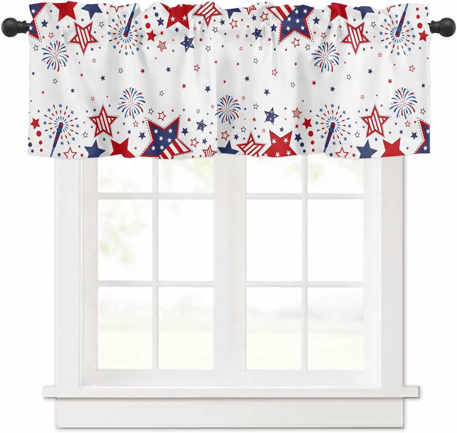 Patriotic Red Blue Star Firework Rod Pocket Valance 4th of July Decor ...