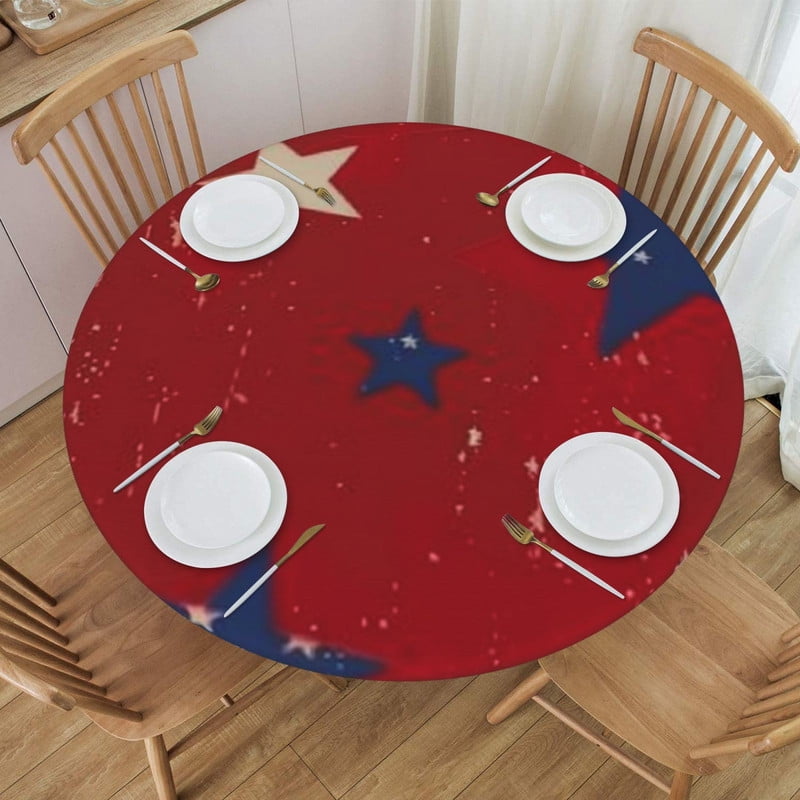 Patriotic Red Blue Star Round Fitted Tablecloth with Elastic Fitted ...