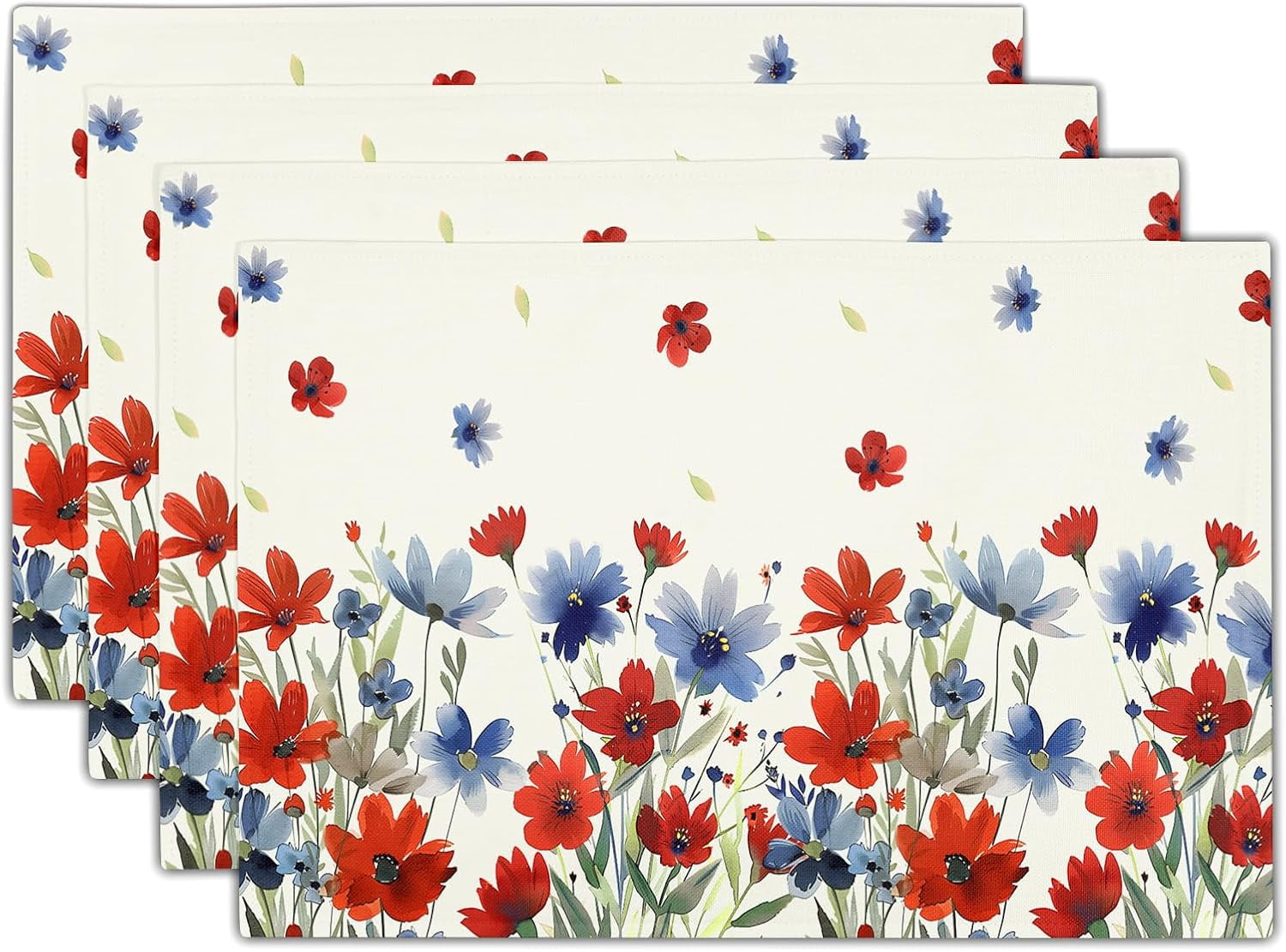 Patriotic Red Blue Watercolor Floral Placemats Set of 4 4th of July ...