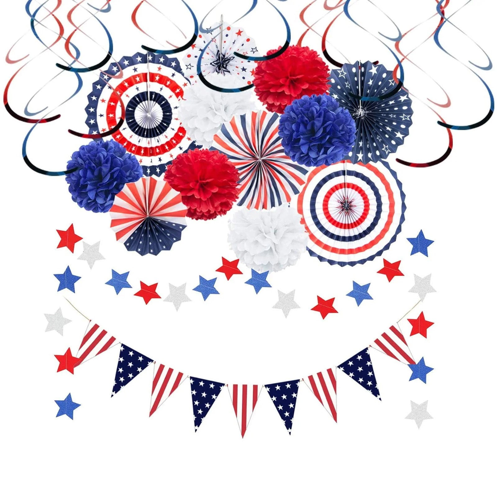 Patriotic Red White and Blue Decoration American Flag Paper Fan Set for ...