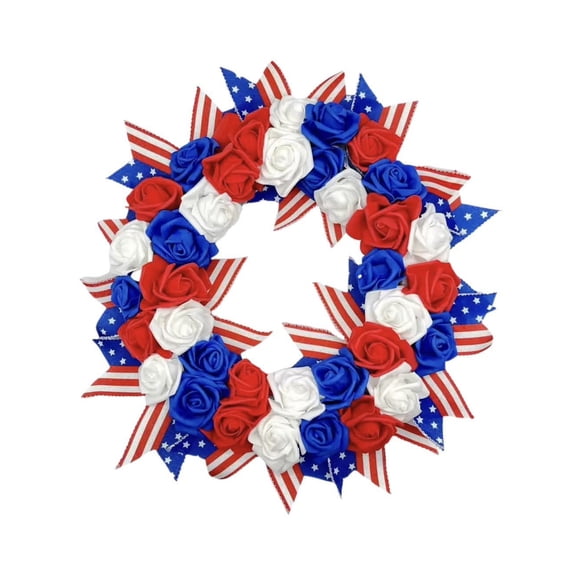 Patriotic Rose Wreath, 16.9 in Red White Blue Faux Floral Front Door ...