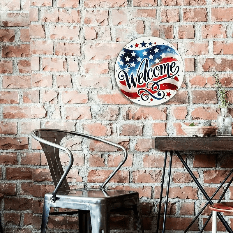 Patriotic Round Metal Welcome Sign, Aluminum American Flag Wall Art for ...