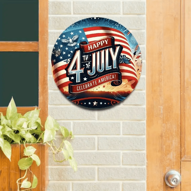 Patriotic Round Metal Welcome Sign, Aluminum American Flag Wall Art for ...