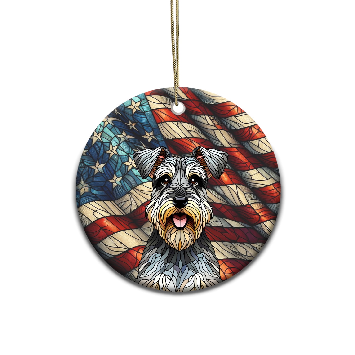 Patriotic Schnauzer Stained Glass Portrait American Flag Ceramic Round ...