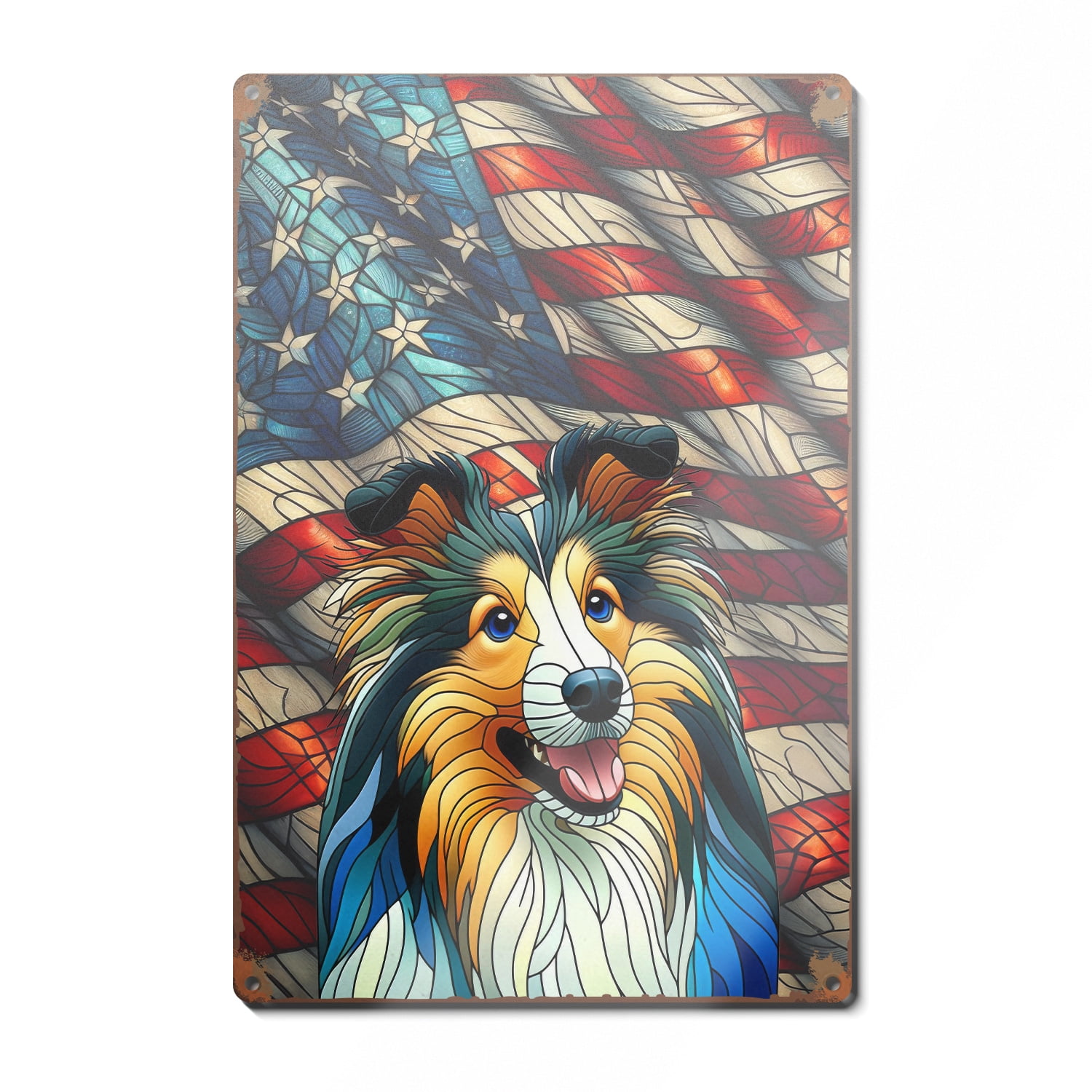 Patriotic Shetland Sheepdog Stained Glass Portrait American Flag ...