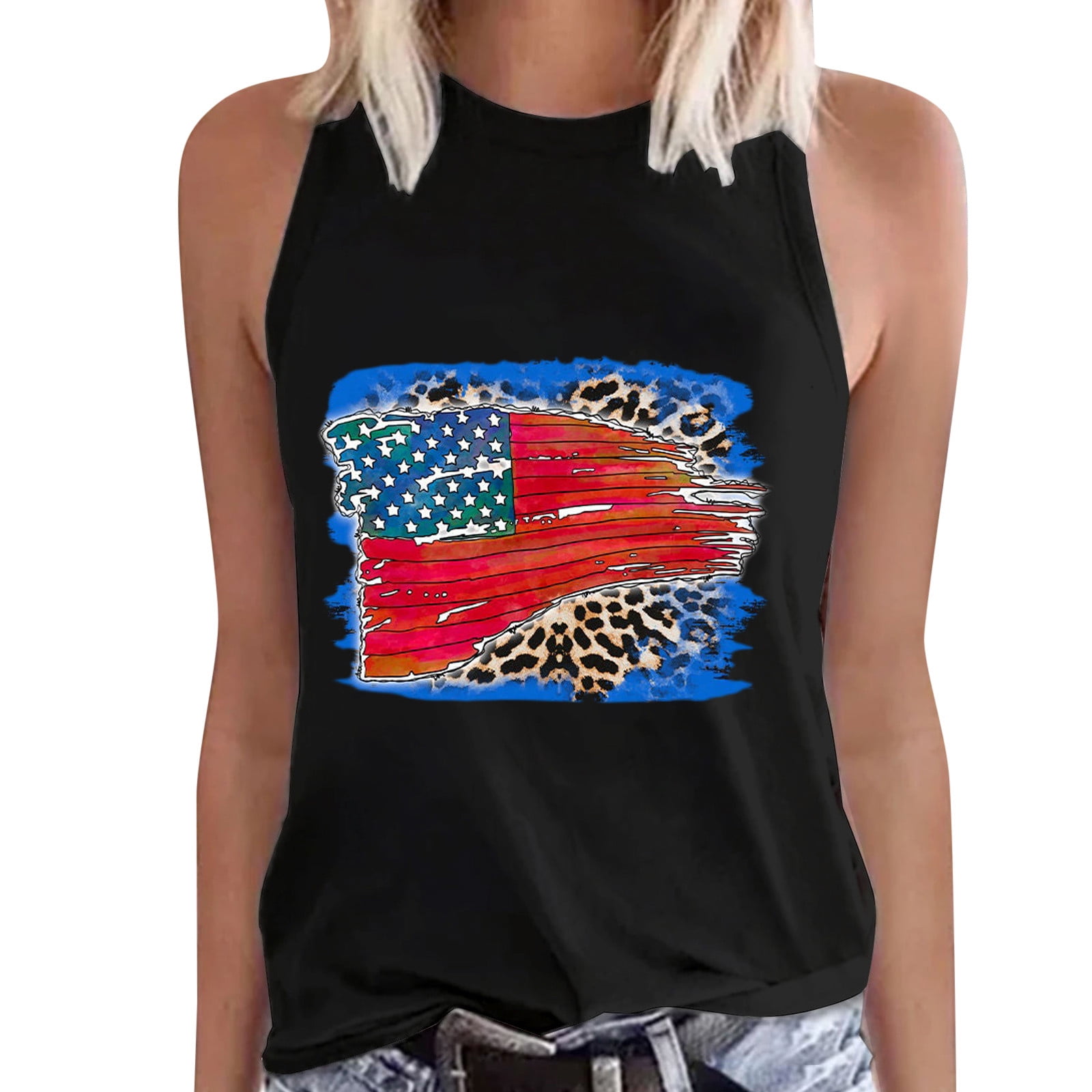 Patriotic Shirt American Flag Top Sleeveless Crew Neck Blouse T Shirts