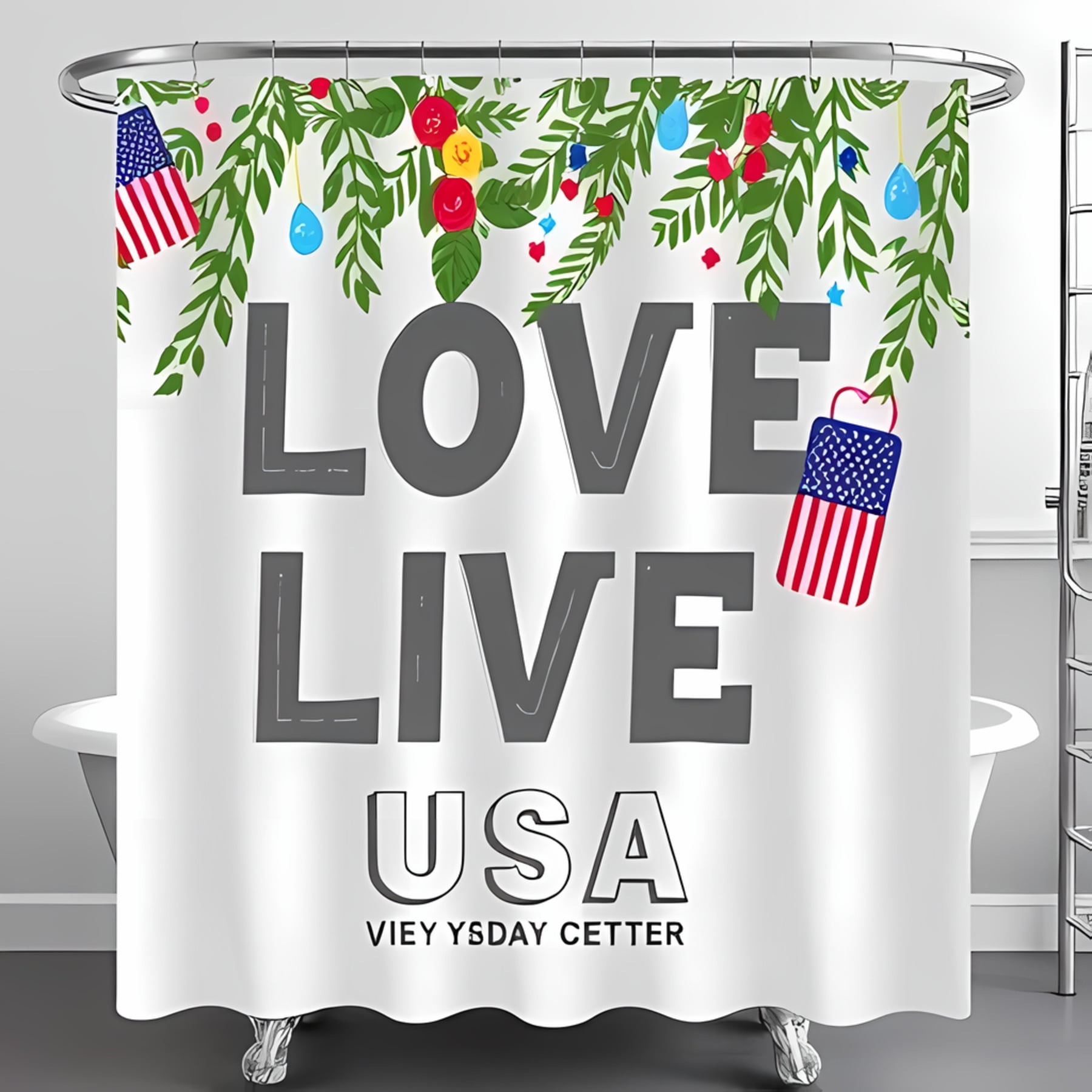 Patriotic Shower Curtain with 'LOVE LIVE USA' Design Hand-Drawn Font ...