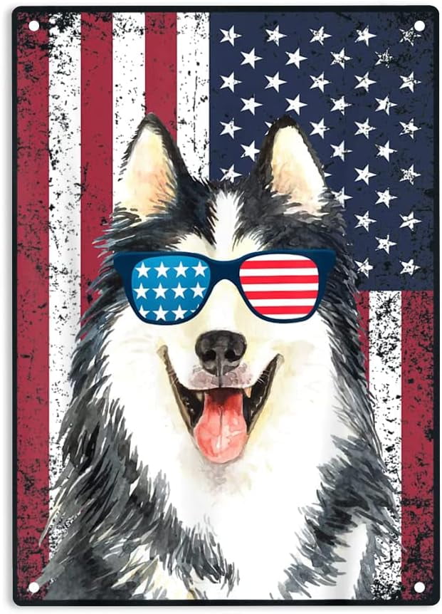 Patriotic Siberian Husky Dog American Flag Sign Metal Tin Signs ...