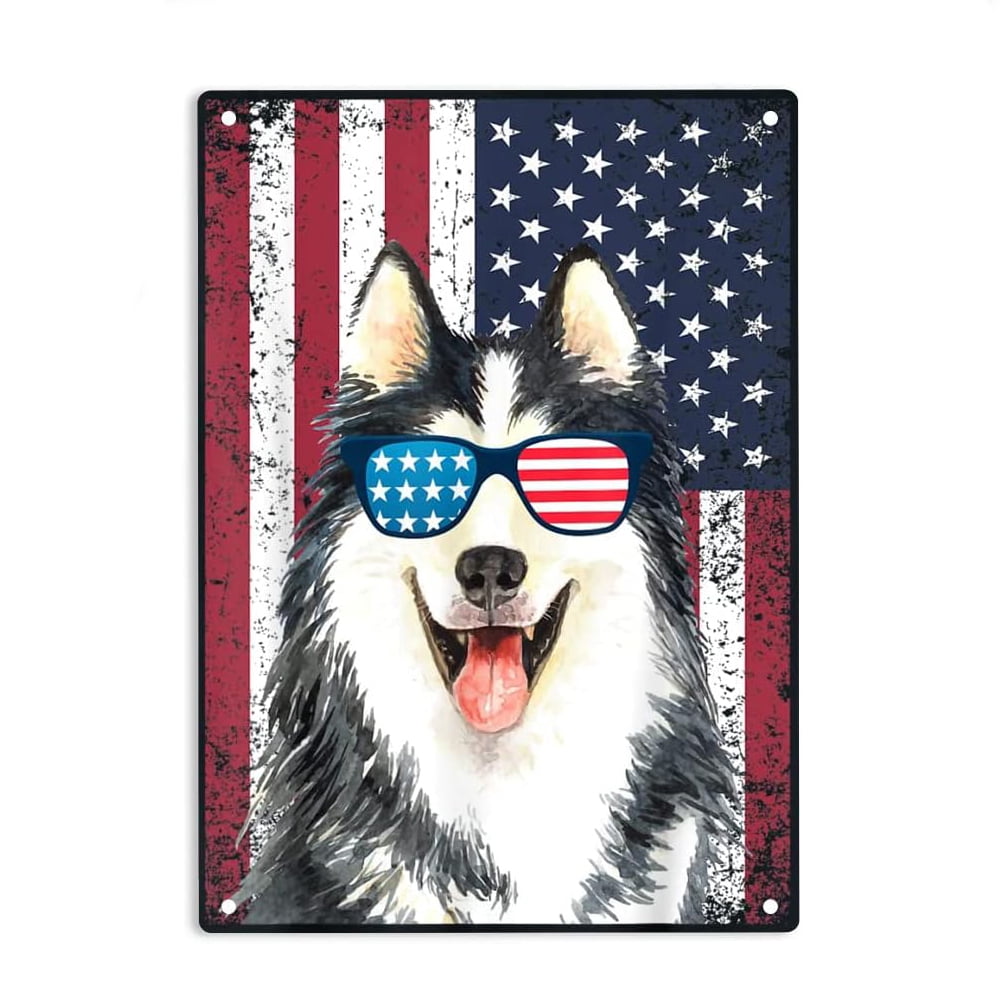 Patriotic Siberian Husky Dog American Flag Sign Metal Tin Signs ...