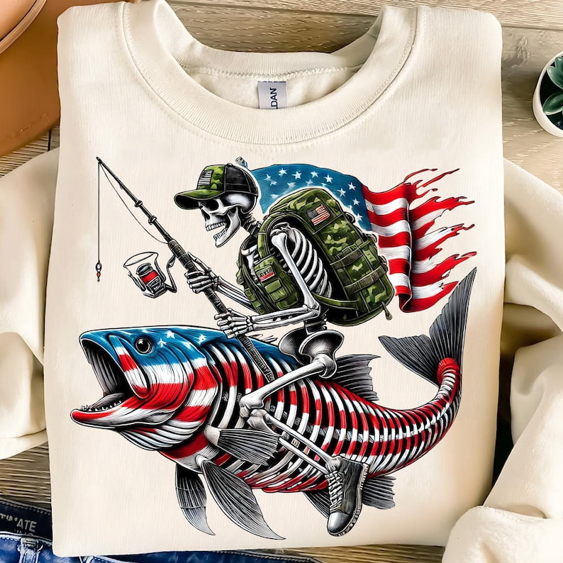 Patriotic Skeleton Fishing Sweatshirt – Veteran Fisherman Crewneck with ...