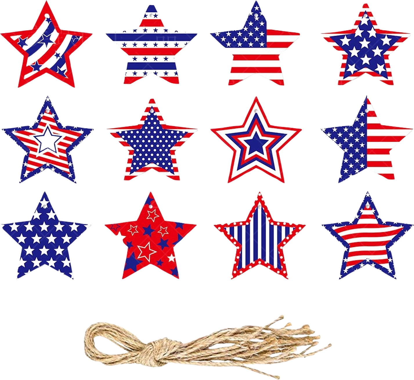 Patriotic Star Decorations Set 12 Pcs Red, White, Blue Stars with Twine ...