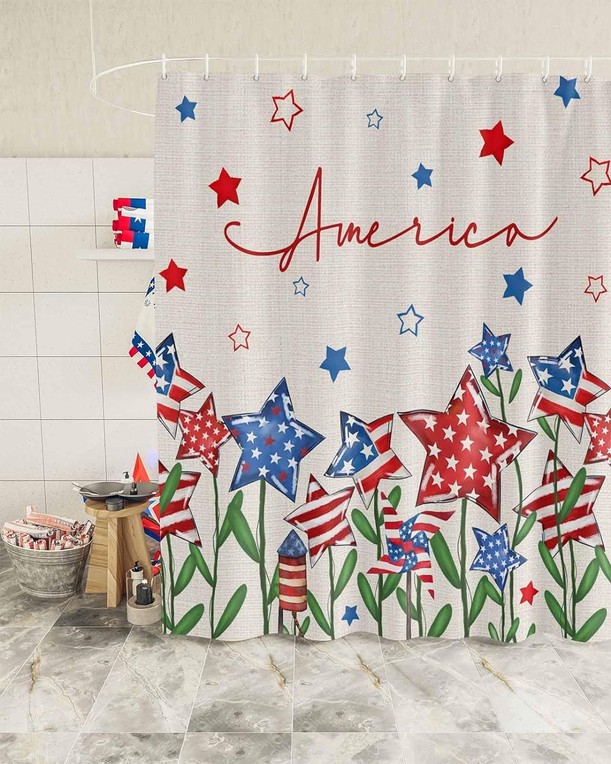 Patriotic Star Fire Shower Curtain, 4th of July Shower Curtain Set with ...