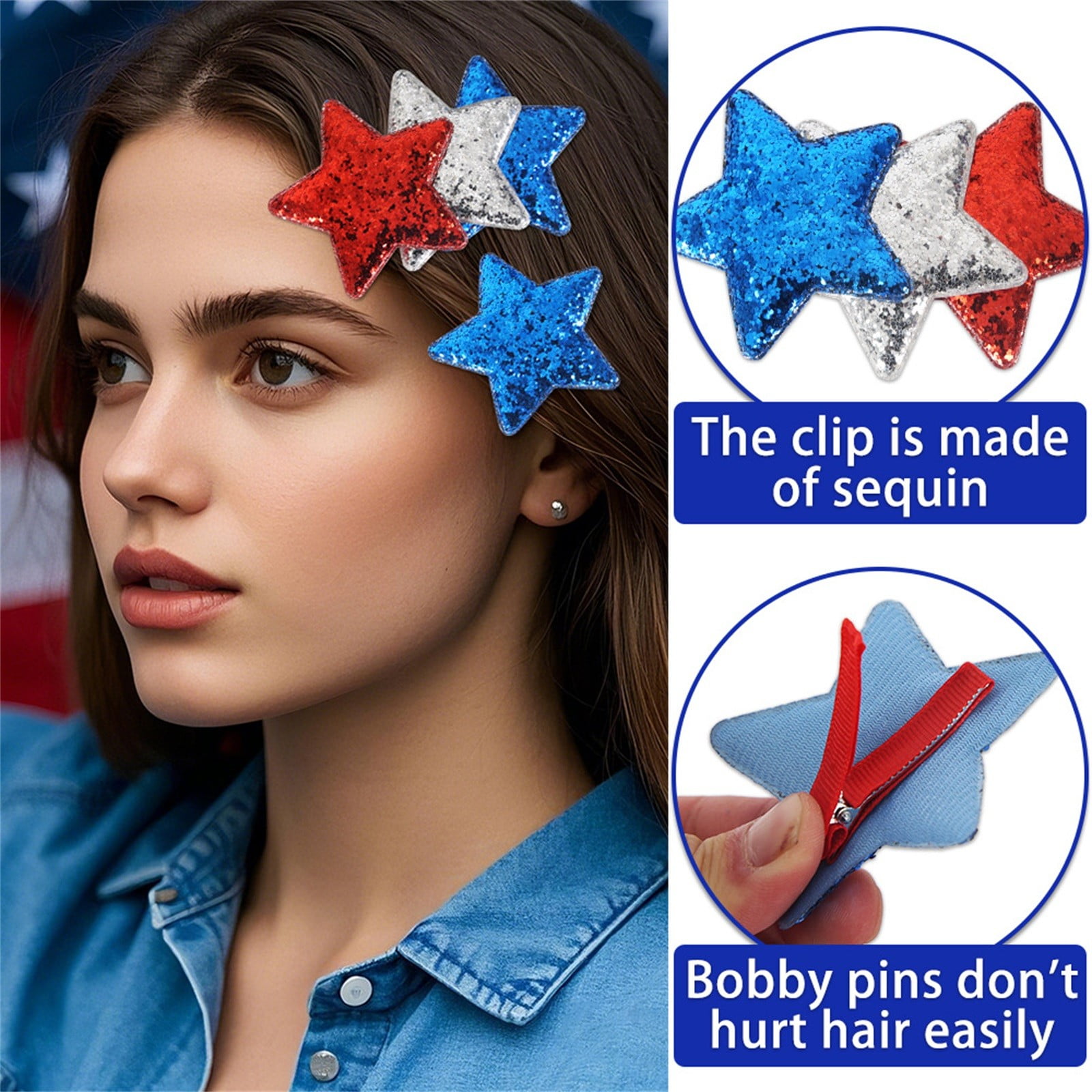 Patriotic Star Hair Clip for July 4th – Red, Blue, White Glitter Hair ...