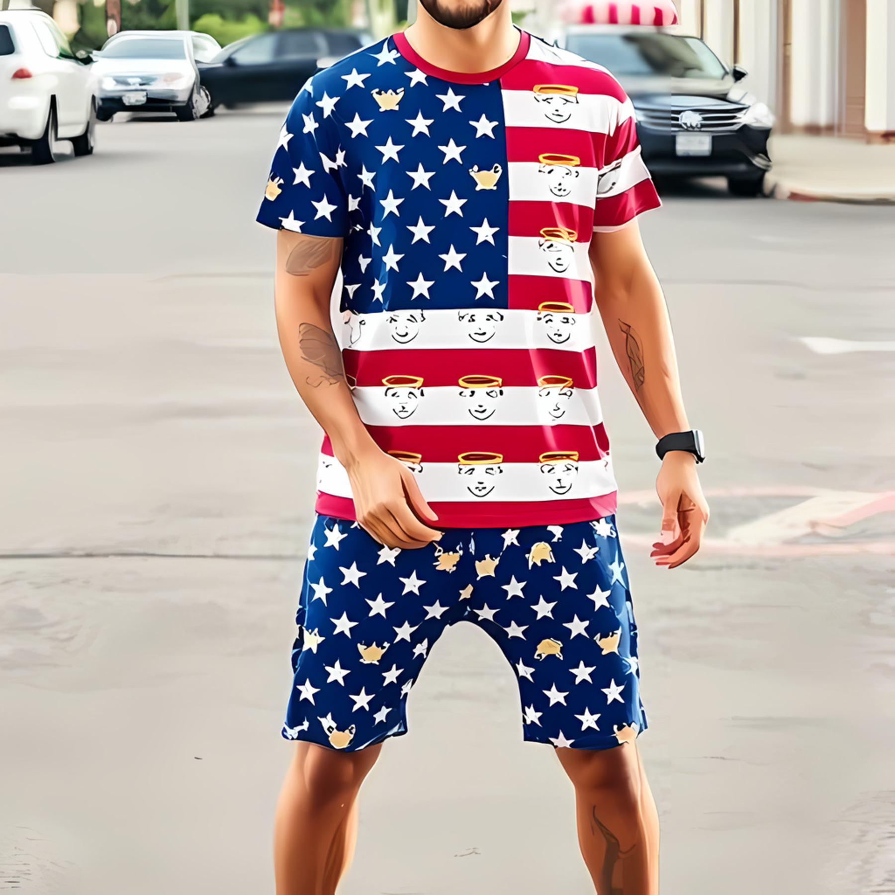Patriotic Star - Patterned T-Shirt & Shorts Set - Design with Smiling ...