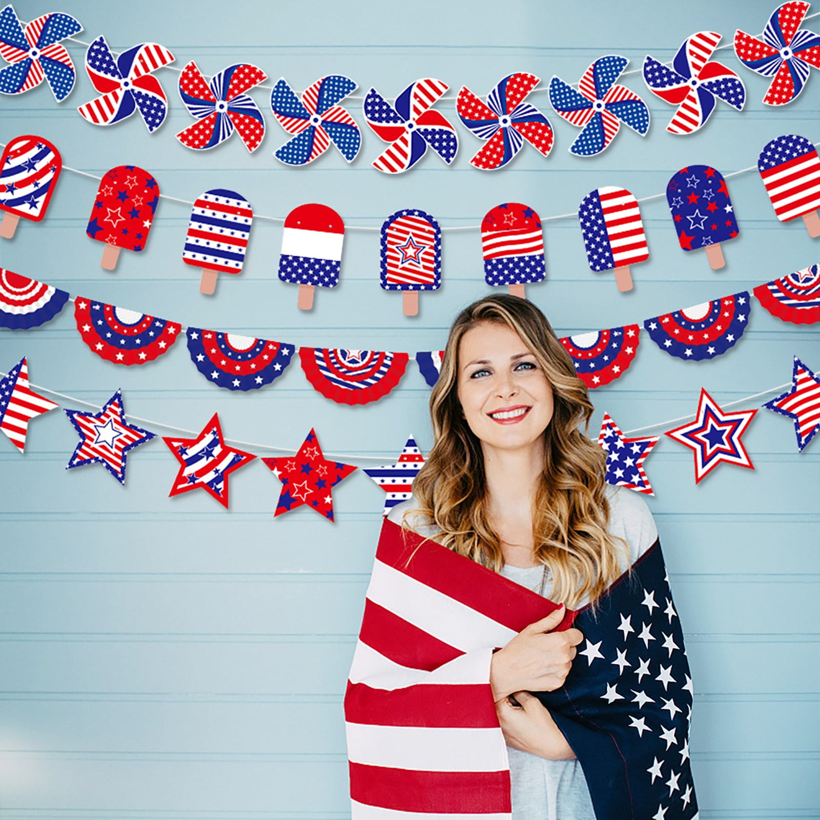 Patriotic Star Streamers Banner Garland Red White Blue for 4th of July ...