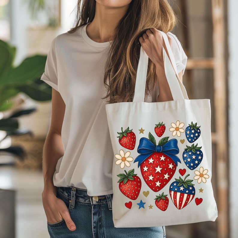 Patriotic Strawberry Tote | 4th of July Canvas Bag | Red, White & Blue ...
