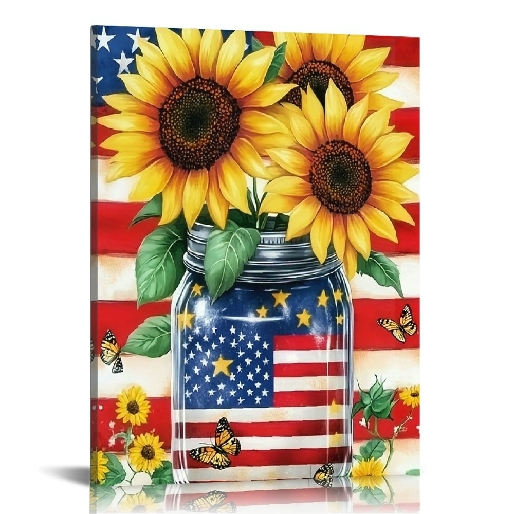Patriotic Sunflower and American Flag Canvas Wall Art Print ,Vintage ...