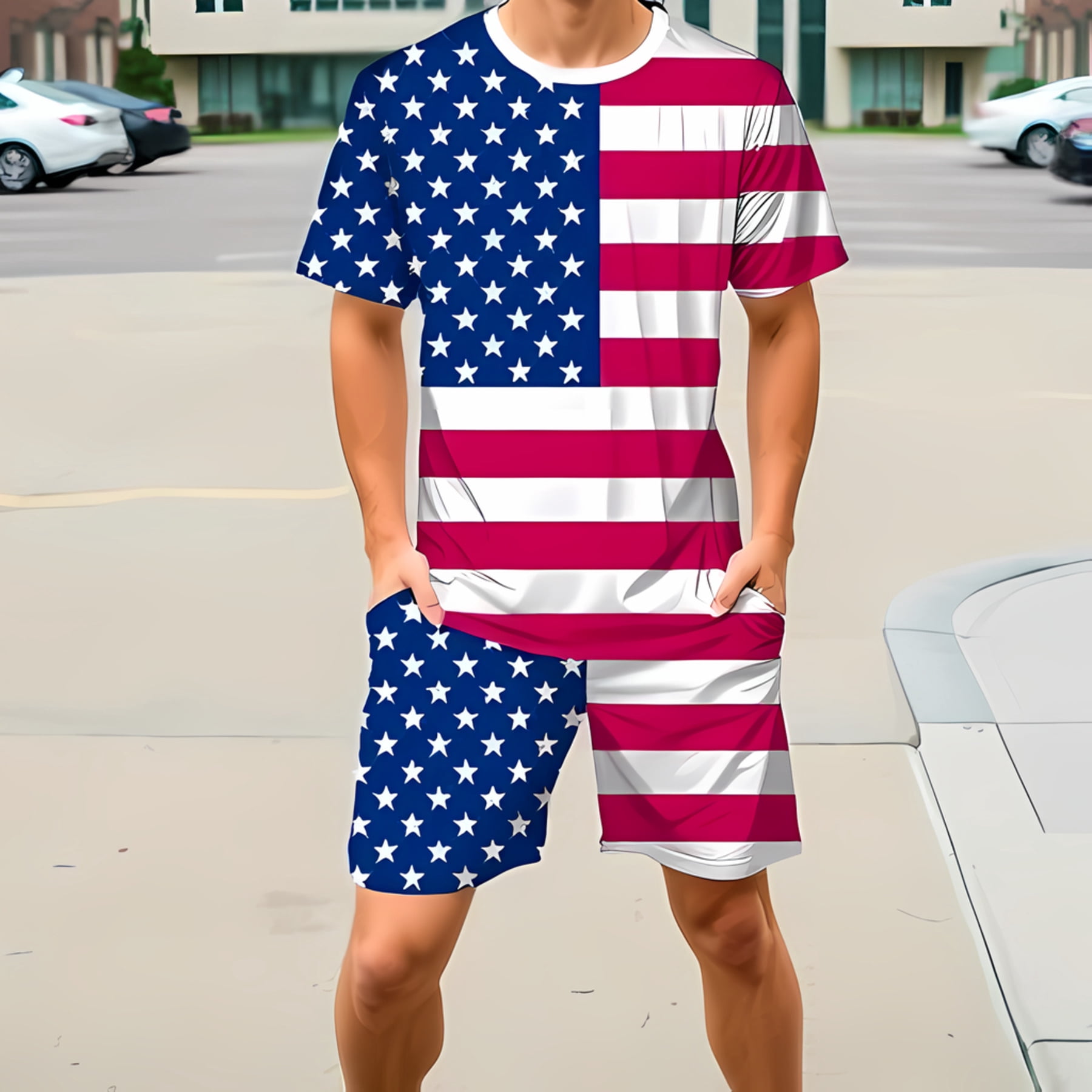 Patriotic T-Shirt and Shorts Set - Bold Red & White Stripes with Blue ...