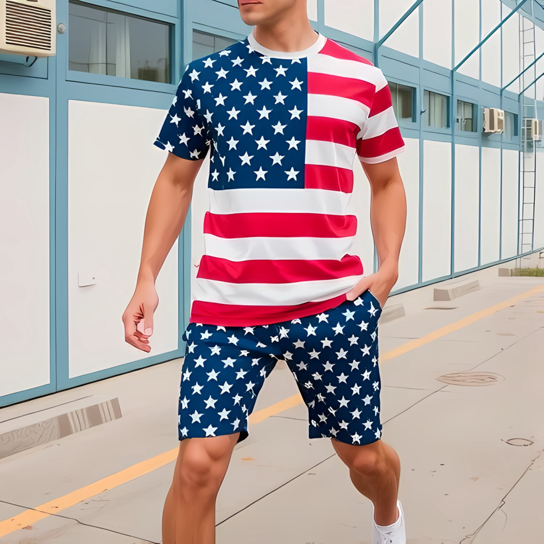 Patriotic T-Shirt and Shorts Set - Bold Red & White Stripes with Navy ...