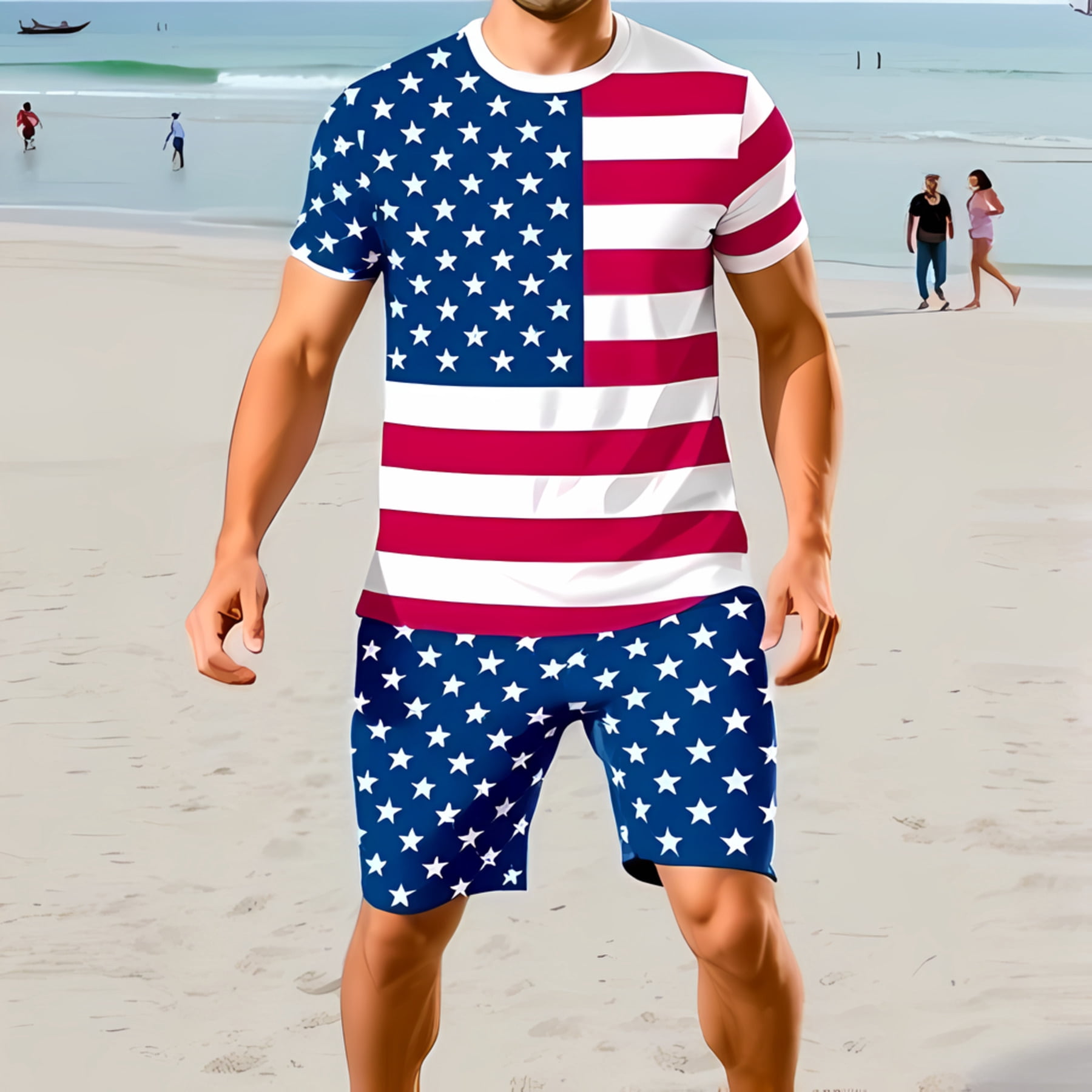 Patriotic T-Shirt and Shorts Set - Bold Stars & Stripes Design Navy ...