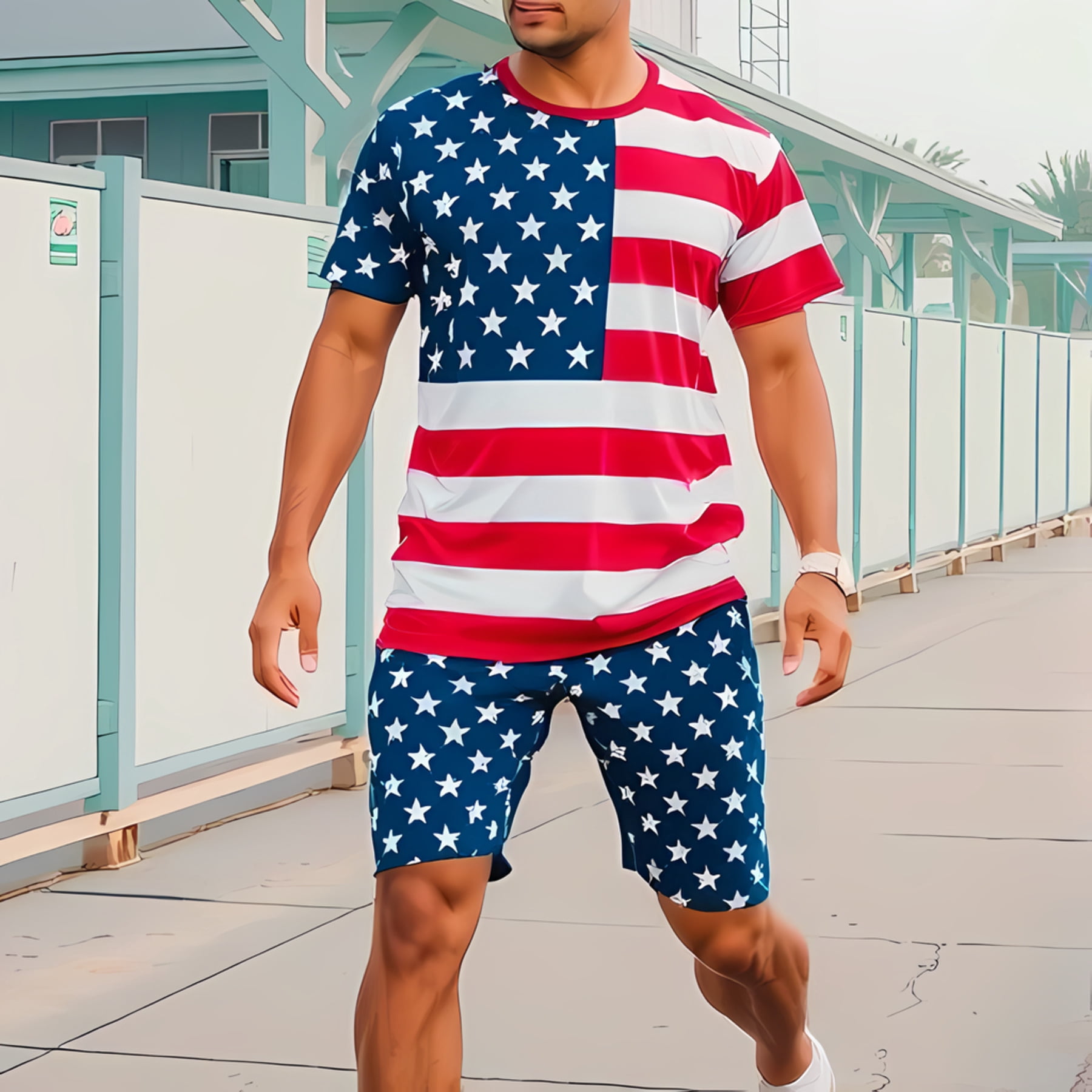 Patriotic T-Shirt and Shorts Set - Red & White Striped Shirt with Blue ...