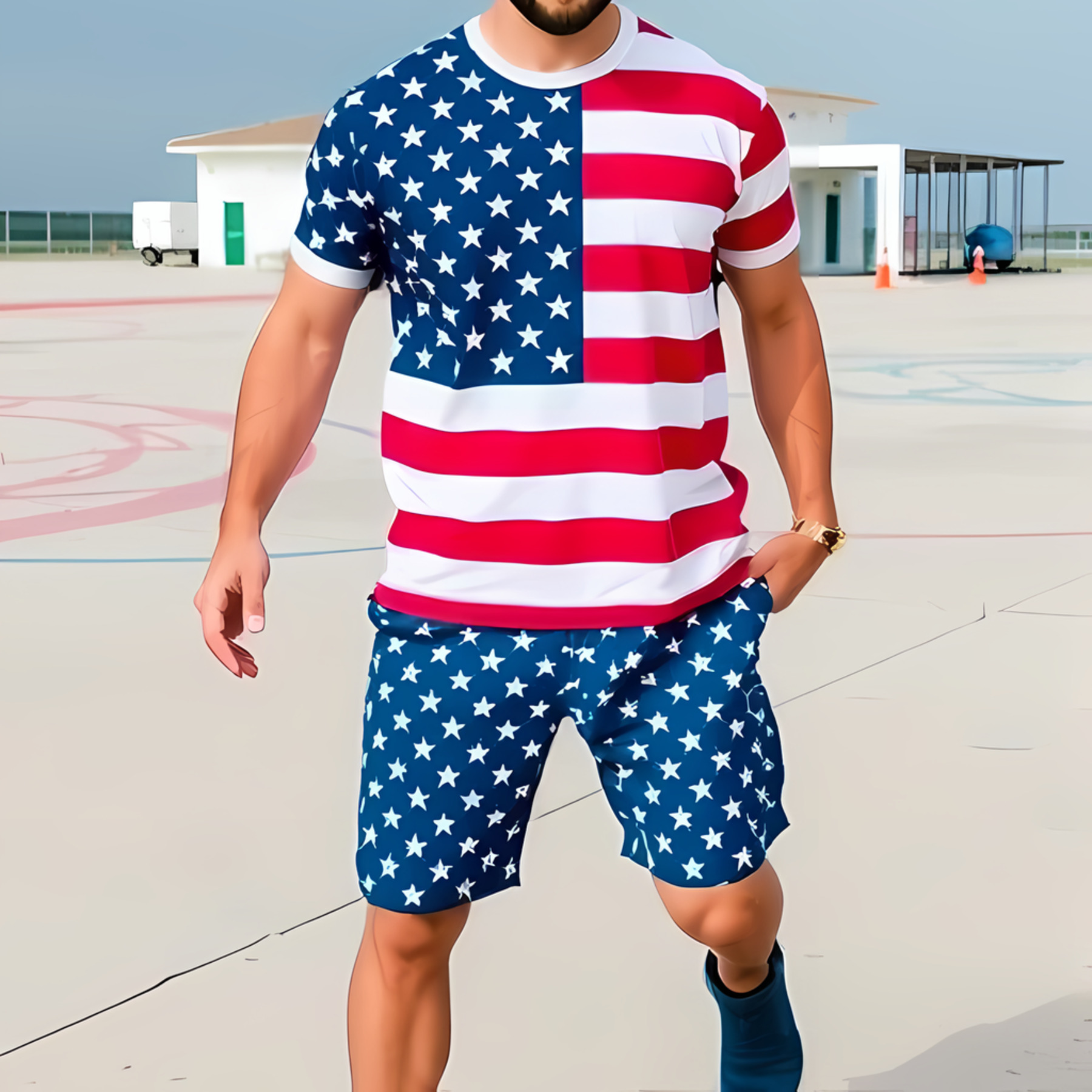 Patriotic T-Shirt and Star Pattern Shorts Set - Bold Stars and Stripes ...