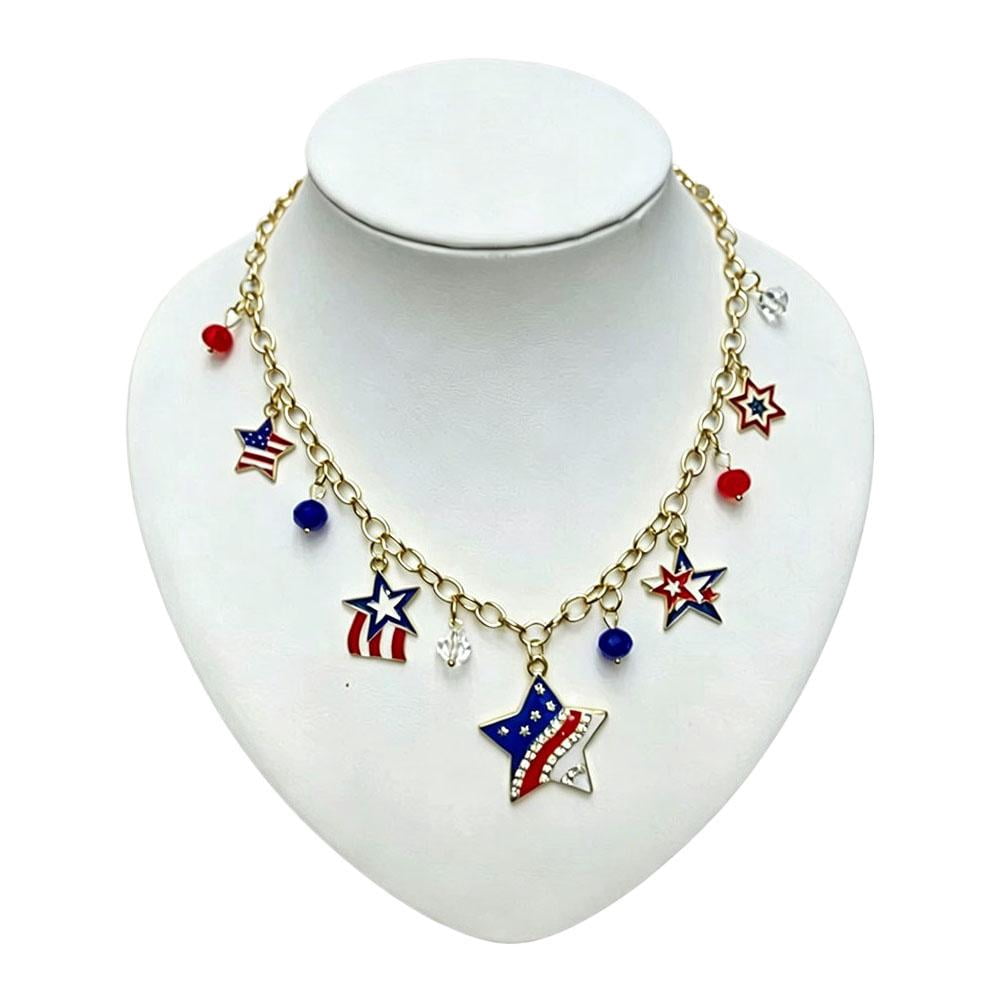 Patriotic Theme Necklace With American Flag Pendant Red White Blue ...