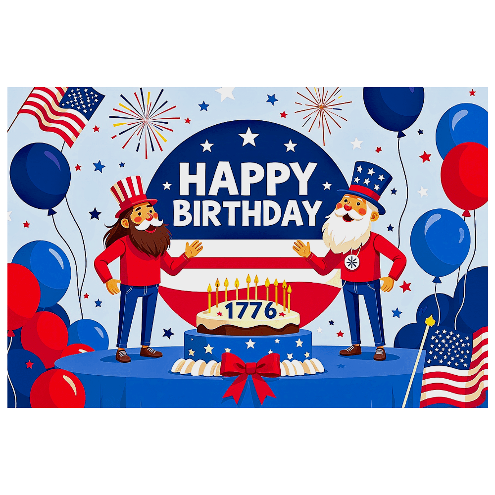 Patriotic Themed Happy Birthday Banner with Uncle Sam Figures Fireworks Balloons and Stars ...