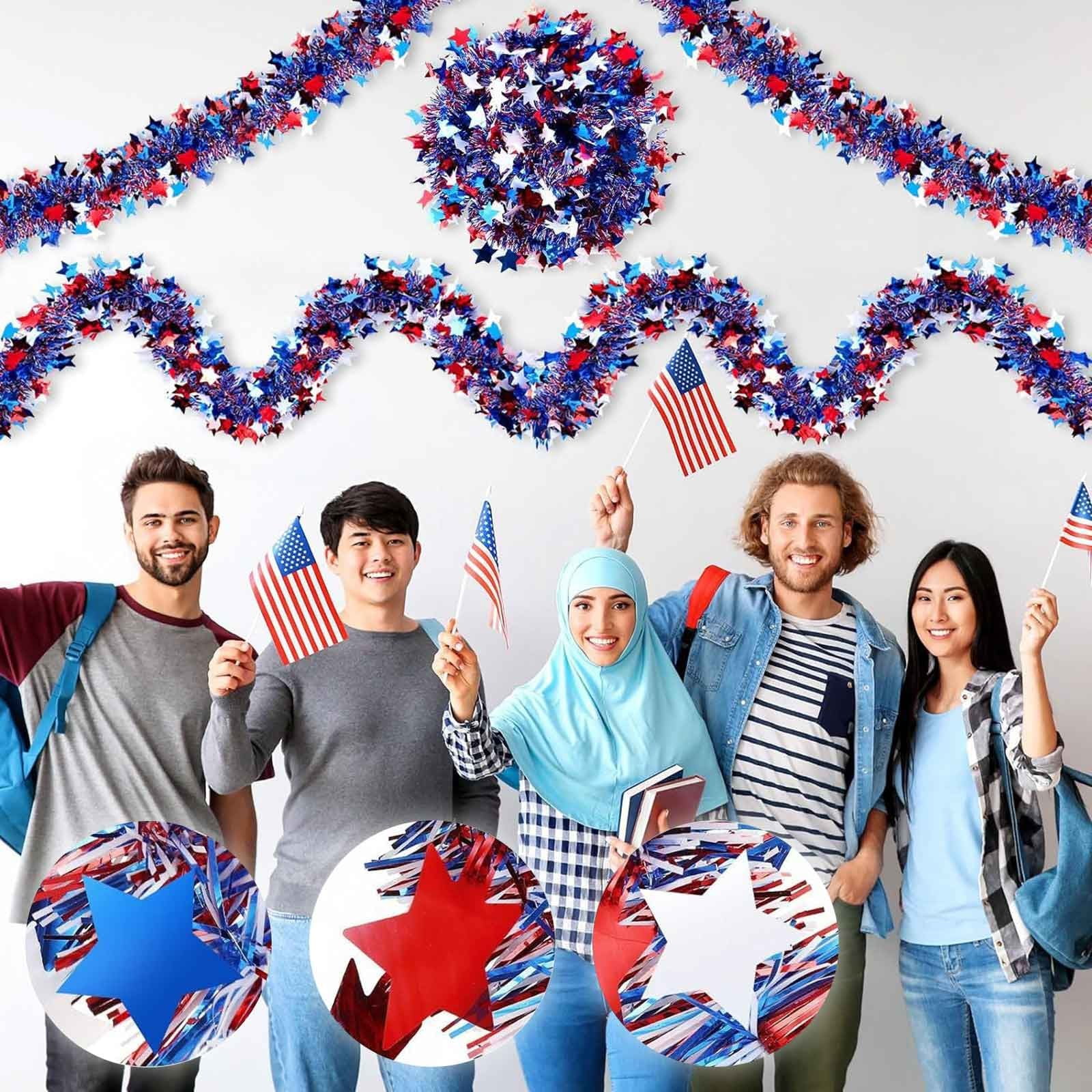 Patriotic Tinsel Garland Red White Blue - 78.74" Metallic Twist Foil ...