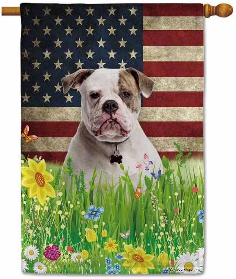 Patriotic US Flag American Bulldog House Flag Dog Wildflowers Floral ...
