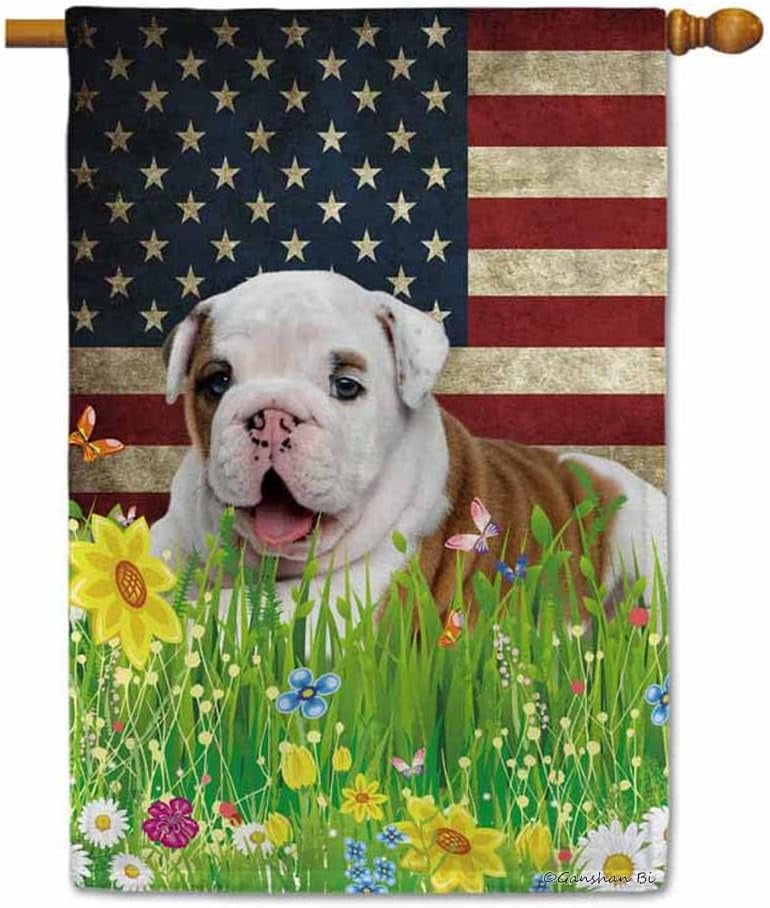Patriotic US Flag English Bulldog House Flag Dog Wildflowers Floral ...