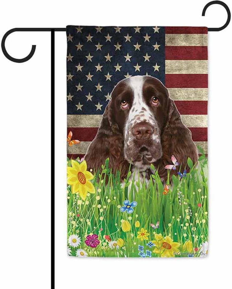 Patriotic US Flag English Springer Spaniel Garden Flag Dog Wildflowers ...
