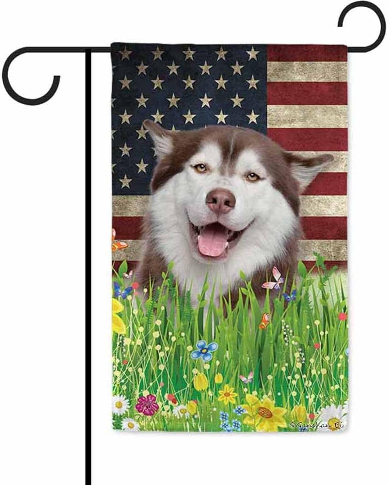 Patriotic US Flag Husky Garden Flag Dog Wildflowers Floral Spring ...