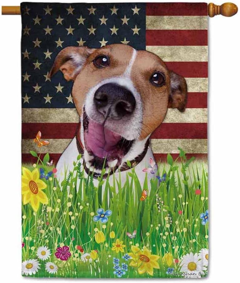 Patriotic US Flag Jack Russell Terrier House Flag Dog Wildflowers ...