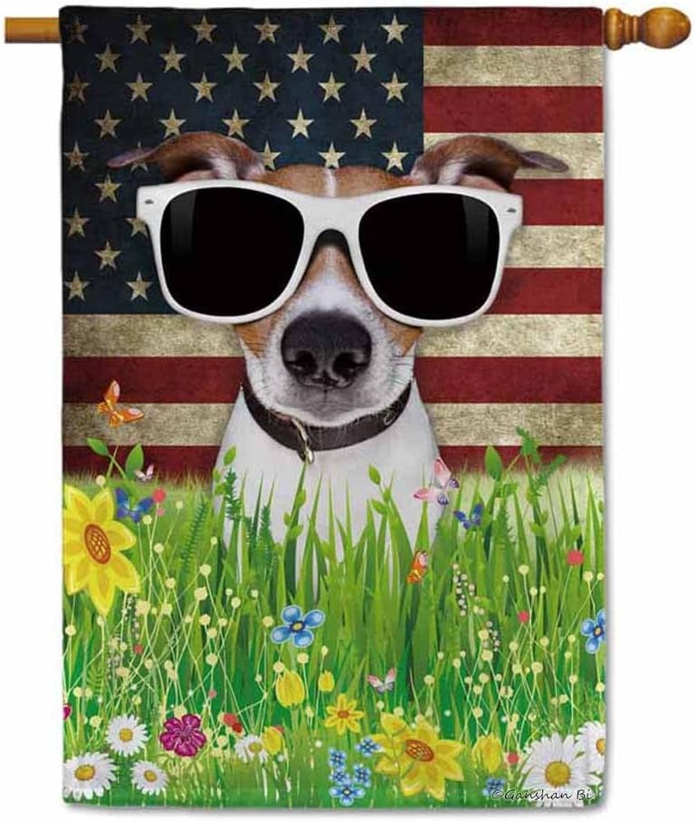 Patriotic US Flag Jack Russell Terrier House Flag Dog Wildflowers ...