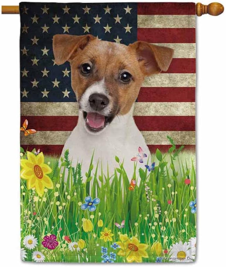 Patriotic US Flag Jack Russell Terrier House Flag Dog Wildflowers ...
