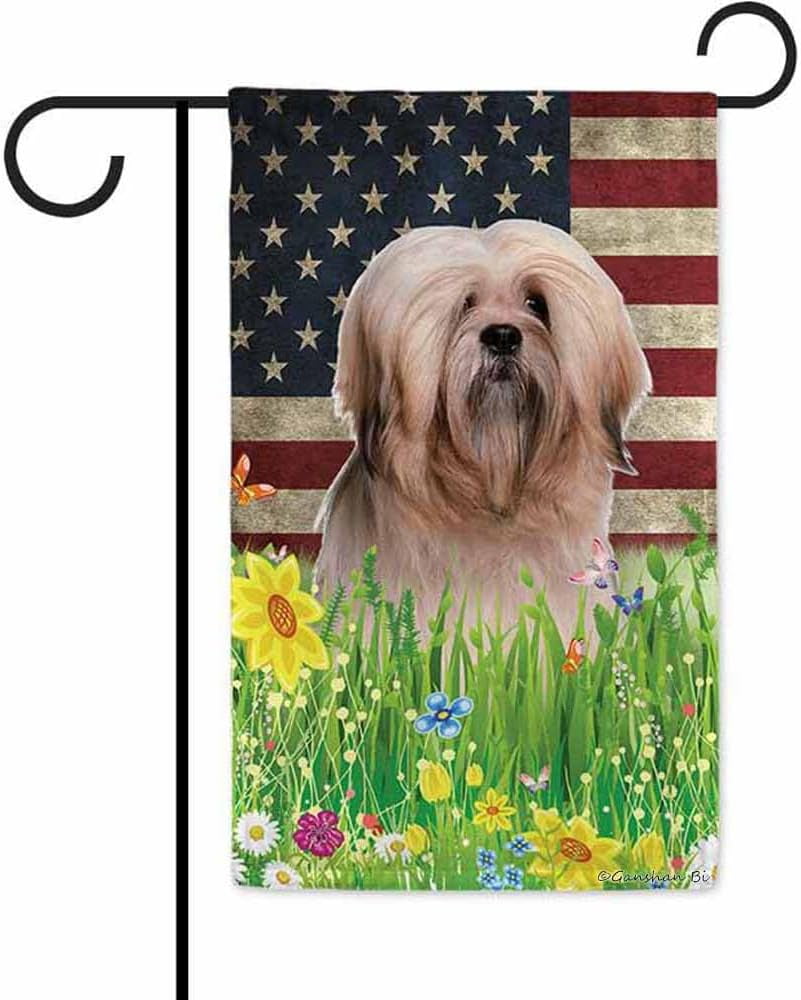 Patriotic US Flag Lhasa Apso Garden Flag Dog Wildflowers Floral Spring ...