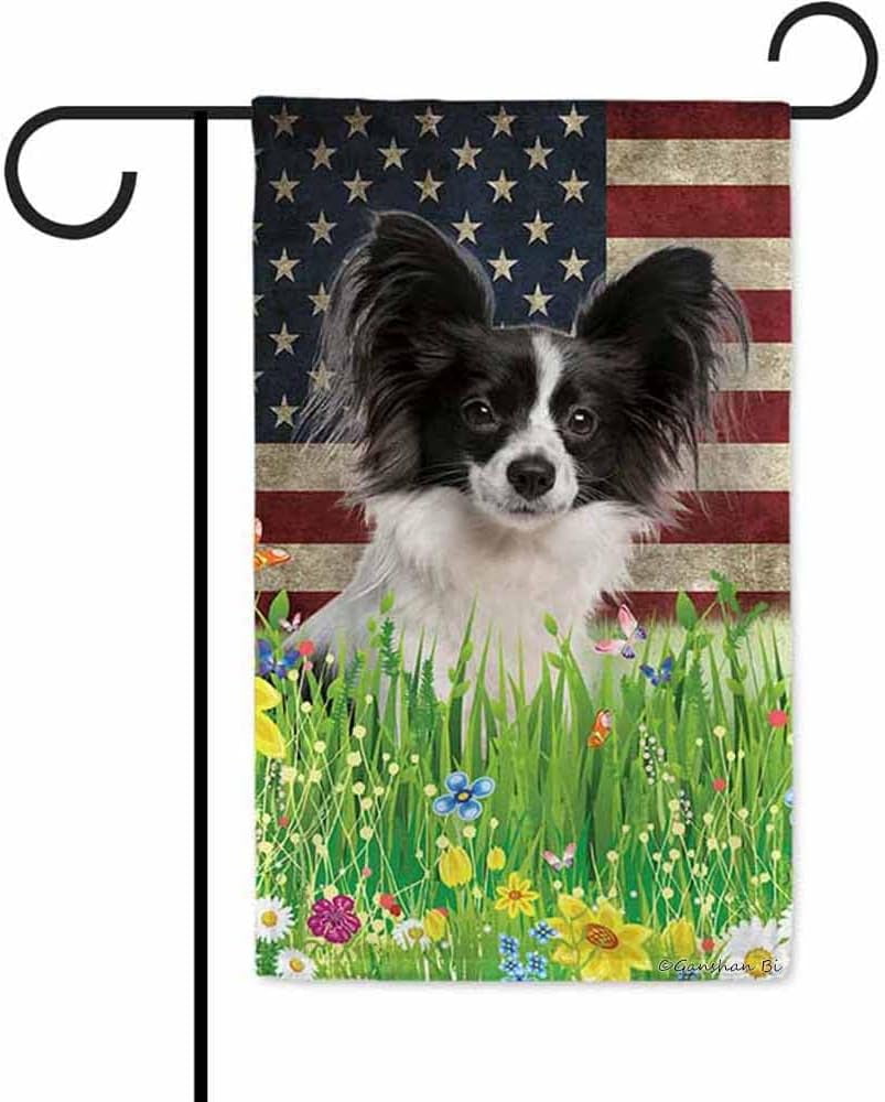 Patriotic US Flag Papillon Garden Flag Dog Wildflowers Floral Spring ...