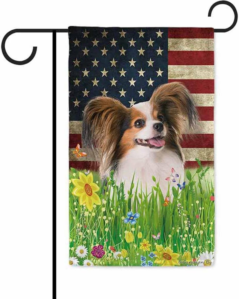 Patriotic US Flag Papillon Garden Flag Dog Wildflowers Floral Spring ...