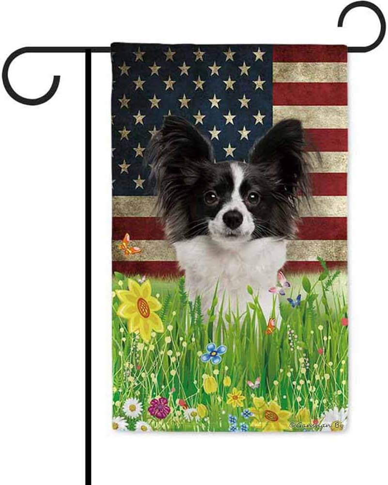Patriotic US Flag Papillon Garden Flag Dog Wildflowers Floral Spring ...