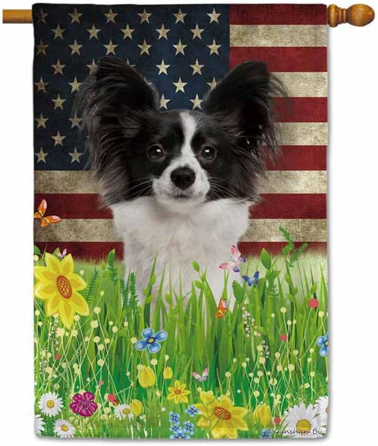 Patriotic US Flag Papillon House Flag Dog Wildflowers Floral Spring ...