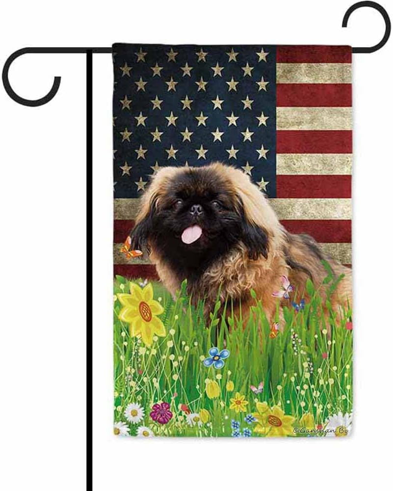 Patriotic US Flag Peking Lion Garden Flag Dog Wildflowers Floral Spring ...