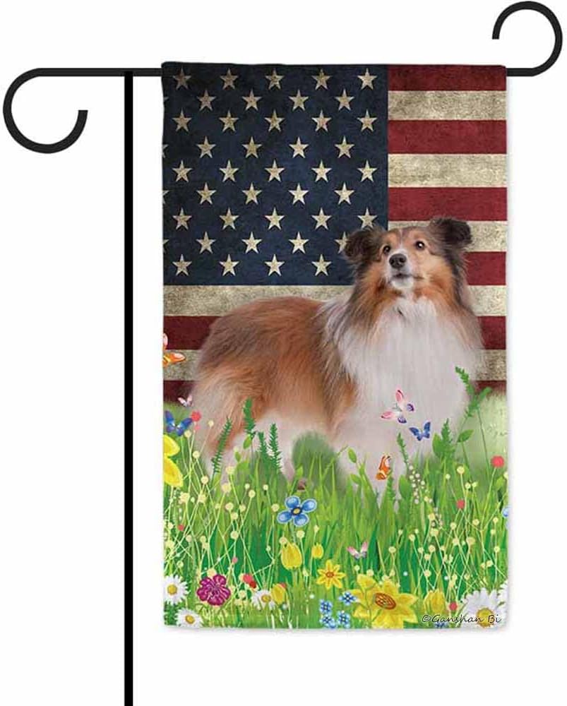 Patriotic US Flag Sheltie Garden Flag Dog Wildflowers Floral Spring ...
