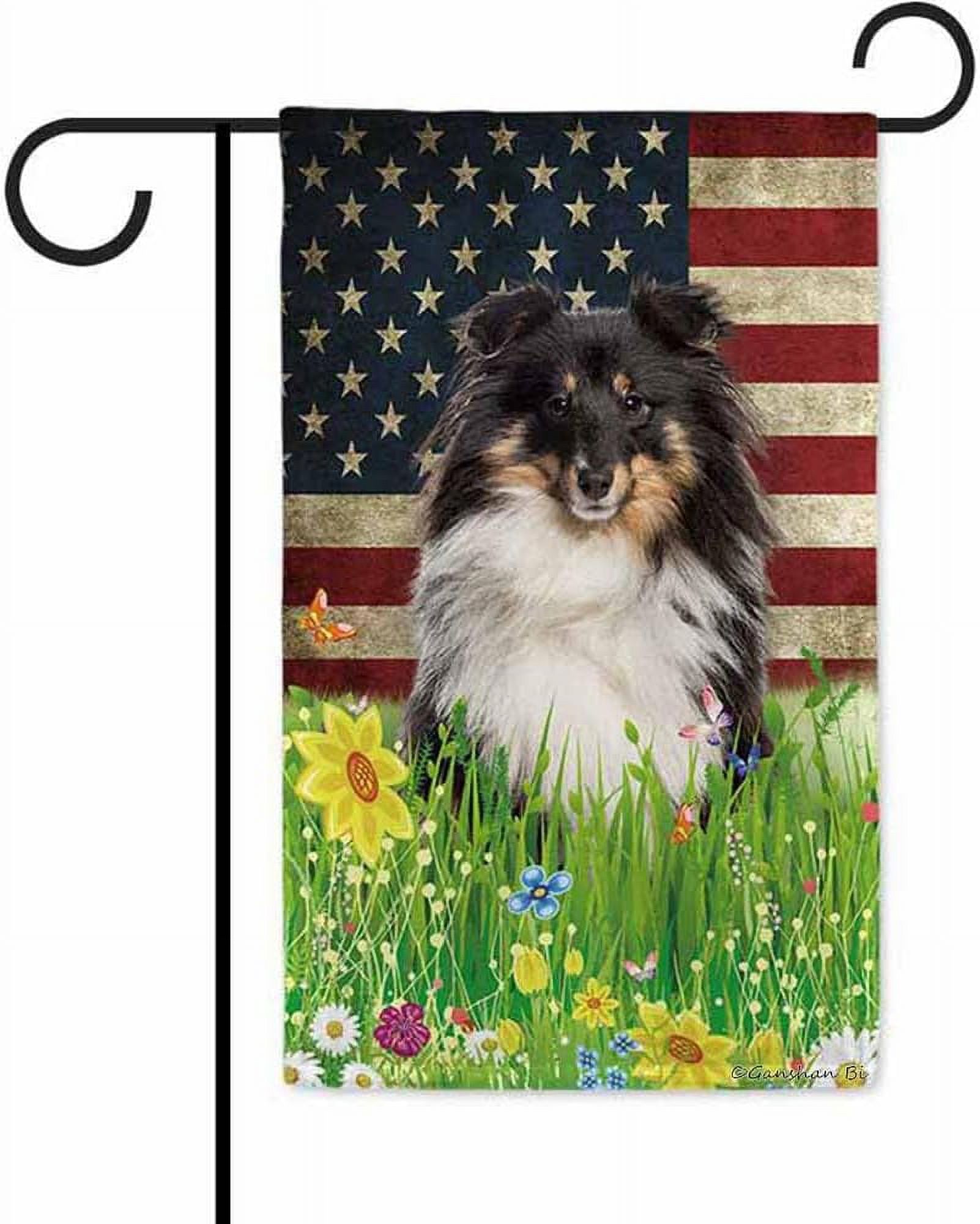 Patriotic US Flag Shetland Sheepdog Garden Flag Dog Wildflowers Floral ...