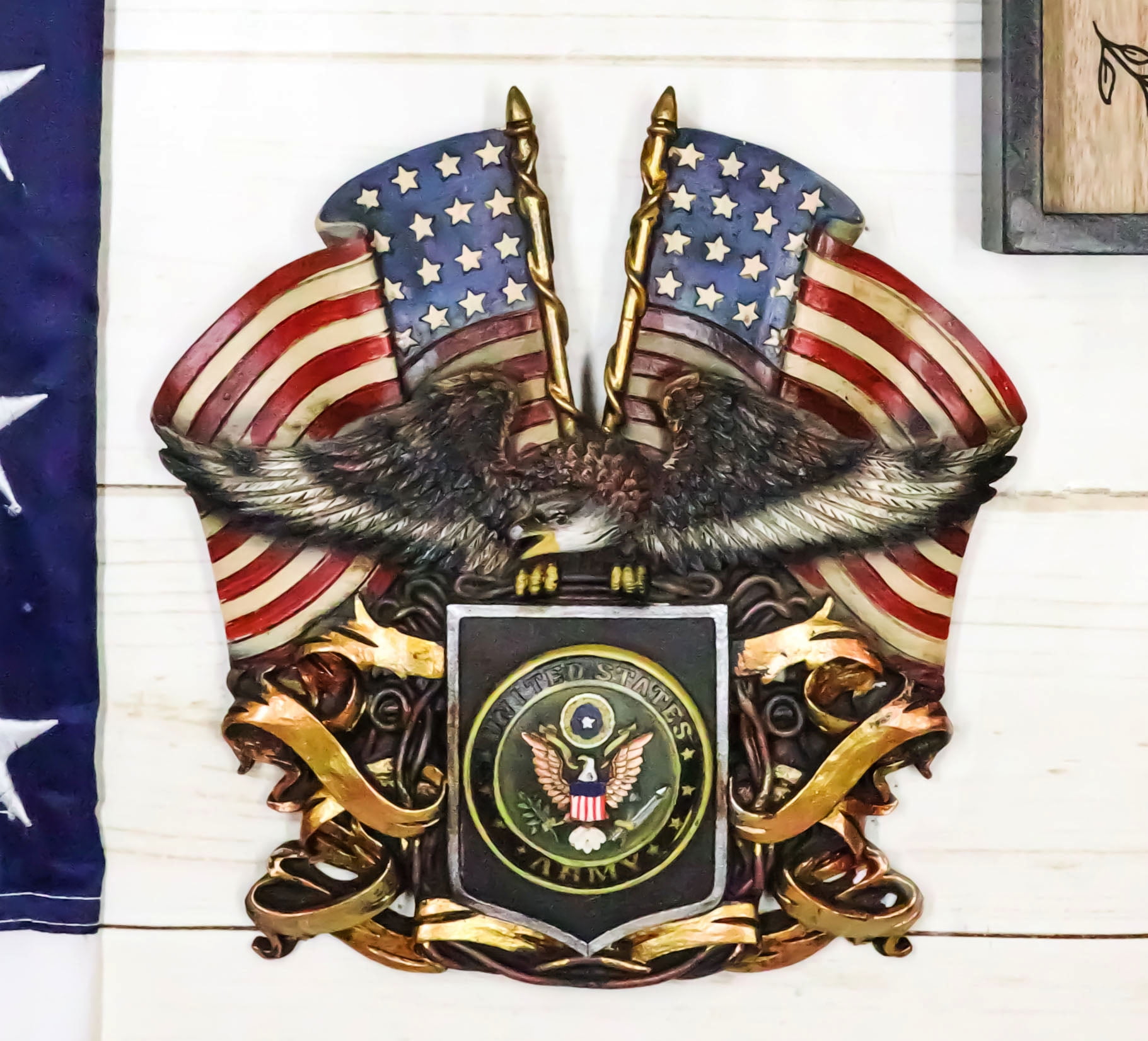 Patriotic US United States Army Eagle Emblem With 2 American Flags Wall ...
